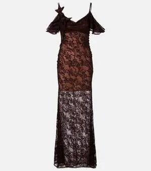 SELF-PORTRAIT Off-shoulder Lace Gown - Brown
