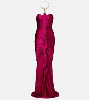 Balmain Draped Ruffled Satin Bustier Gown - Pink