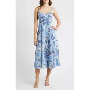 Moon River Floral Empire Waist A-line Midi Dress - Blue Multi