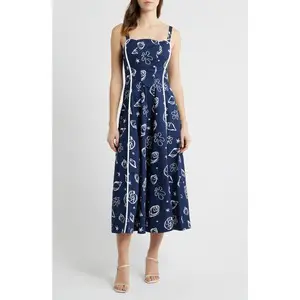 Moon River Shell Print Piped Cotton Midi Dress