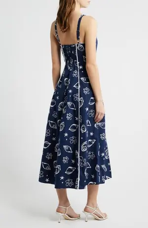 Moon River Shell Print Piped Cotton Midi Dress