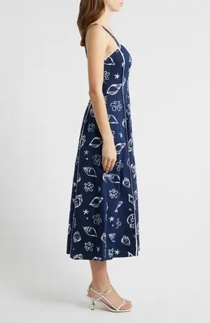 Moon River Shell Print Piped Cotton Midi Dress