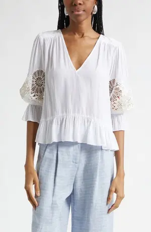 Ramy Brook Berry Lace Inset Puff Sleeve Peplum Top - Ivory