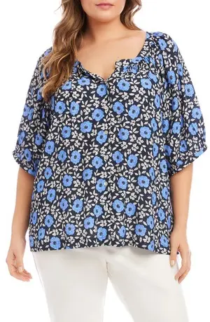 Karen Kane Floral Button-up Peasant Top - Blue Print