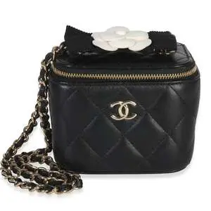 Chanel Quilted Lambskin Camelia Bow Chain Mini Vanity Case - Black