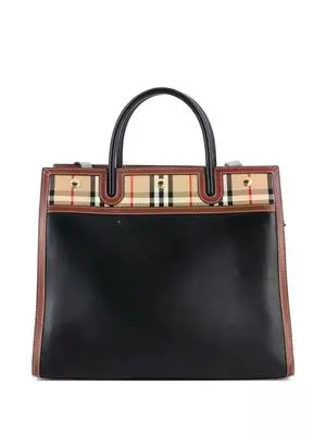Burberry Title Two Handle Tote Leather With Vintage Check Canvas Medium Satchel