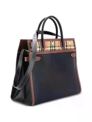 Burberry Title Two Handle Tote Leather With Vintage Check Canvas Medium Satchel