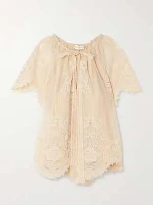 Zimmermann Luna Scalloped Gathered Lace And Point D'esprit Blouse - Cream