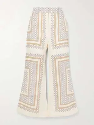 Zimmermann Cropped Flared Printed Linen Pants - Cream