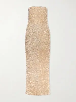 THE NEW ARRIVALS ILKYAZ OZEL Embellished Strapless Satin Gown - Gold