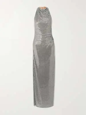 SELF-PORTRAIT Embellished Draped Mesh Halterneck Maxi Dress - Gray