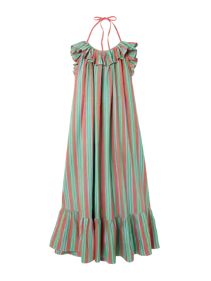 MARRAKSHI LIFE Ruffled Tiered Striped Halterneck Maxi Dress - Green