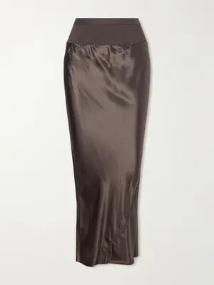 Rick Owens Ribbed Jersey And Recycled-satin Midi Skirt - Brown