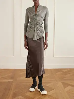 Rick Owens Ribbed Jersey And Recycled-satin Midi Skirt - Brown
