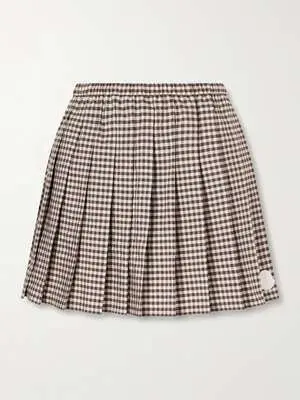Moncler Appliquéd Pleated Gingham Cotton-blend Mini Skirt - Brown
