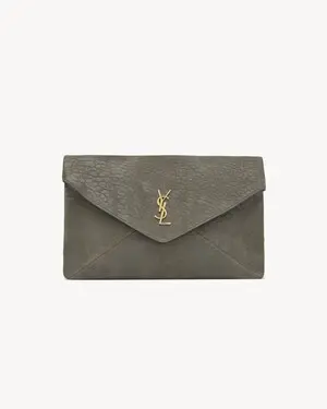 Saint Laurent Cassandre Envelope Pouch In Nubuck In Grey & Silver