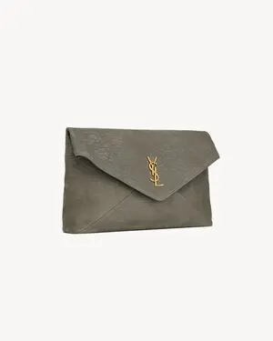 Saint Laurent Cassandre Envelope Pouch In Nubuck In Grey & Silver