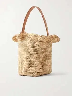 LOEFFLER RANDALL Laith Leather-trimmed Ruffled Raffia Bucket Bag