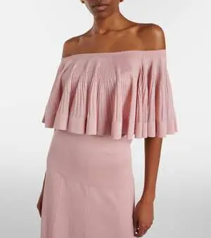 Zimmermann Luna Knitted Ruffled Off-shoulder Top