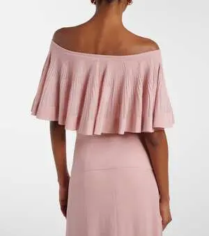 Zimmermann Luna Knitted Ruffled Off-shoulder Top