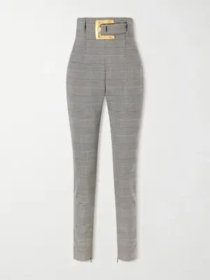 Balmain Belted Prince Of Wales Checked Wool-blend Skinny Pants - Black