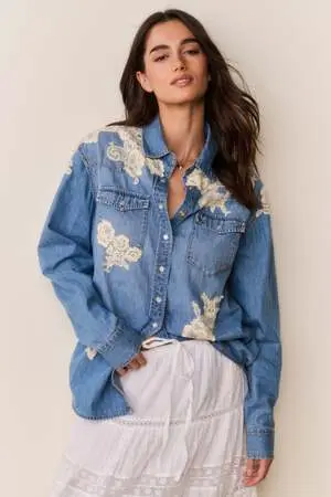 LoveShackFancy Kelith Lace Appliqué Chambray Shirt - Denim