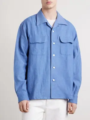 Visvim Carrow Convertible-collar Wool And Linen-blend Shirt - Blue