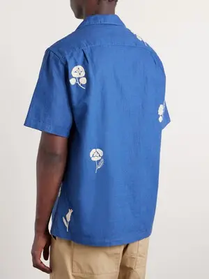 Portuguese Flannel Convertible-collar Embroidered Ramie Shirt - Blue
