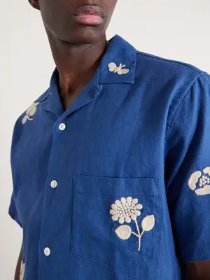 Portuguese Flannel Convertible-collar Embroidered Ramie Shirt - Blue