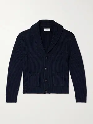 Mr P. Shawl-collar Ribbed Cotton And Cashmere-blend Cardigan - Blue