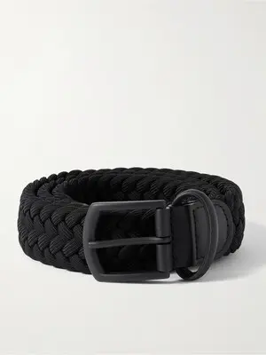 Anderson's 3.5cm Leather-trimmed Woven Elastic Belt - Black