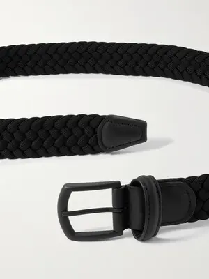 Anderson's 3.5cm Leather-trimmed Woven Elastic Belt - Black