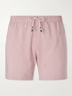 Hartford Straight-leg Mid-length Striped Seersucker Swim Shorts - Red