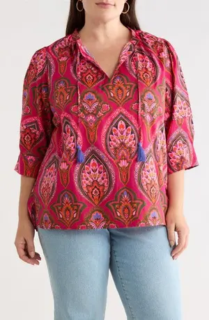 SUGARLIPS Azura Paisley Irina Split Neck Top - Berry-multi