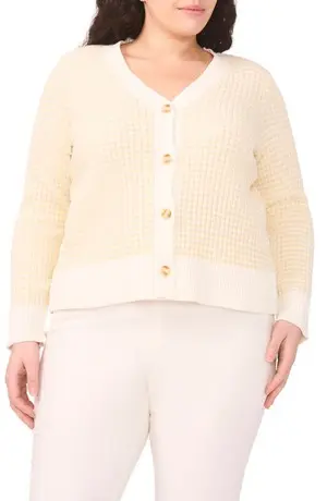 Halogen V-neck Stripe Rib Cotton Blend Cardigan - New Ivory