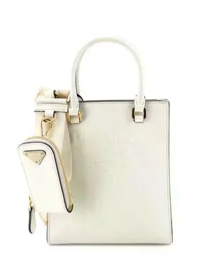Prada Lux Embossed Logo Tote Saffiano Leather Small Shoulder Bag - White