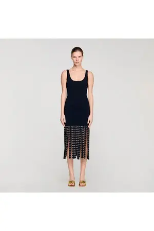 Sandro Fringed Knit Maxi Dress