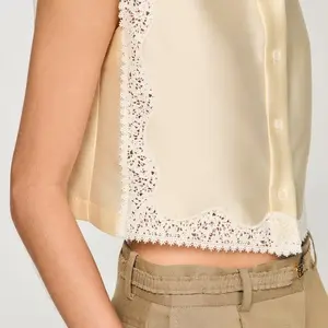 Sandro Sleeveless Cropped Shirt With Lace - Ecru