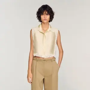 Sandro Sleeveless Cropped Shirt With Lace - Ecru