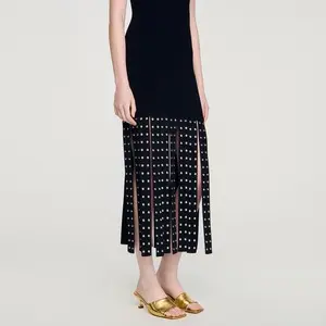 Sandro Fitted Knit Midi Dress With Fringes And Studs