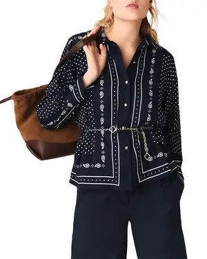 Maje Chain Belt Bandana Print Shirt - Navy Polka Dot Bandana Print