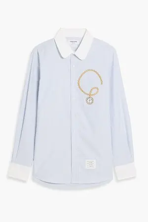 Thom Browne Embroidered Striped Cotton Oxford Shirt - Light Blue