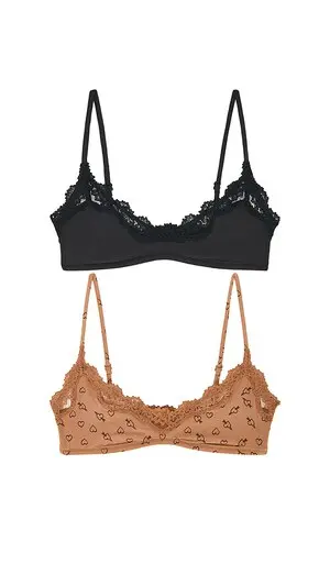 SKIMS Fits Everybody Lace Scoop Bralette 2-pack In Black,tan - Onyx & Sketched Hearts