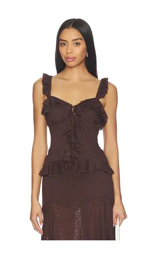 RUNAWAY THE LABEL Roxelle Ruffle Split Front Top In Chocolate