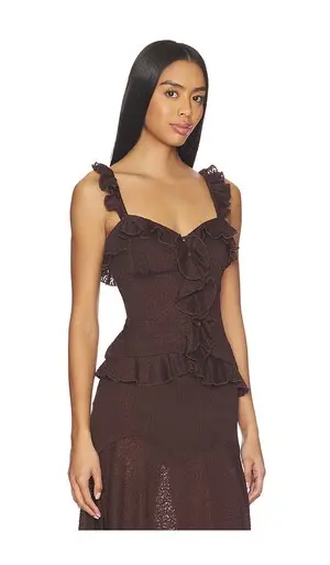 RUNAWAY THE LABEL Roxelle Ruffle Split Front Top In Chocolate