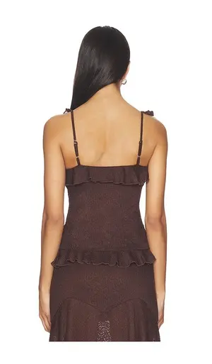 RUNAWAY THE LABEL Roxelle Ruffle Split Front Top In Chocolate