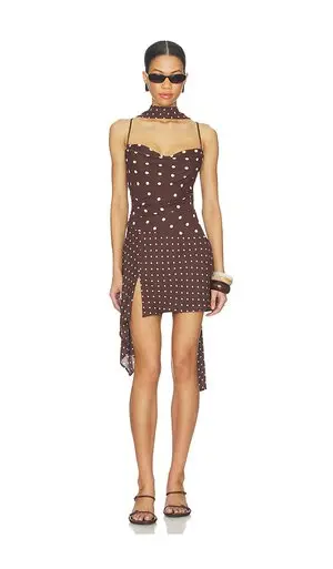 RUNAWAY THE LABEL Alora Scoop Neck Mini Dress In Chocolate - Choc & Lemon Polka