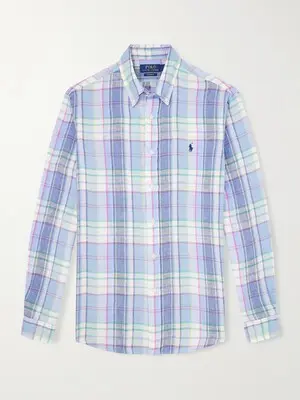 Polo Ralph Lauren Button-down Collar Logo-embroidered Checked Linen Shirt - Blue