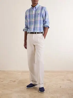 Polo Ralph Lauren Button-down Collar Logo-embroidered Checked Linen Shirt - Blue
