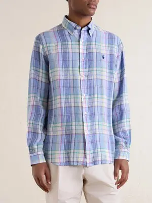 Polo Ralph Lauren Button-down Collar Logo-embroidered Checked Linen Shirt - Blue